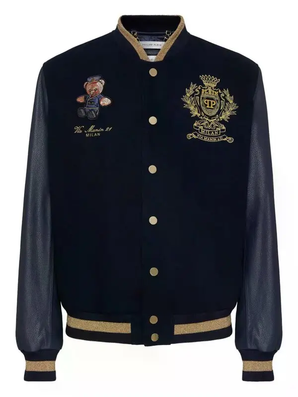 Philipp Plein Teddy Doorman Embroidered-bear Varsity Jacket - Blue