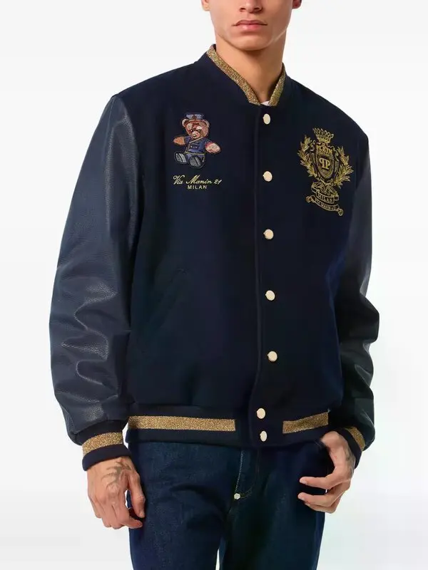 Philipp Plein Teddy Doorman Embroidered-bear Varsity Jacket - Blue