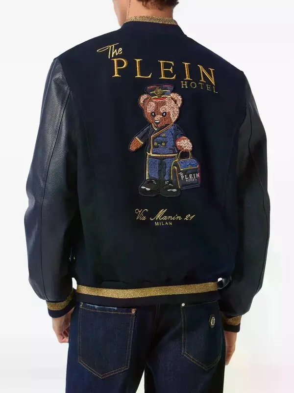Philipp Plein Teddy Doorman Embroidered-bear Varsity Jacket - Blue