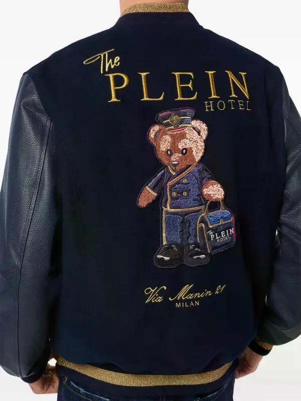 Philipp Plein Teddy Doorman Embroidered-bear Varsity Jacket - Blue