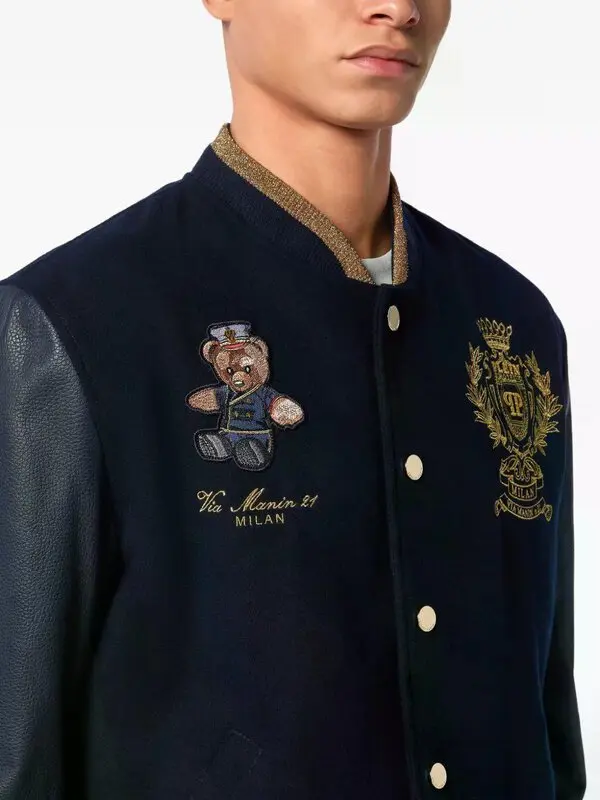 Philipp Plein Teddy Doorman Embroidered-bear Varsity Jacket - Blue
