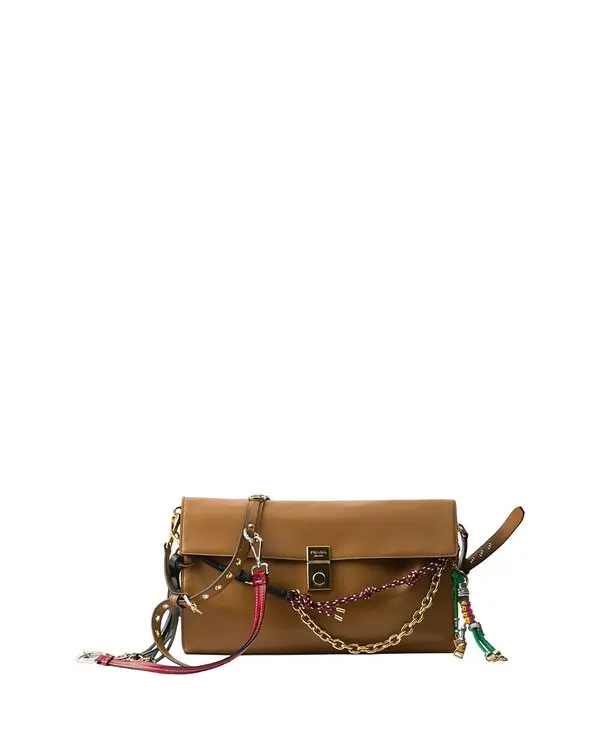 Prada Large Leather Shoulder Bag With Charms - Brown