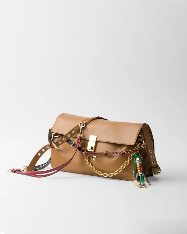 Prada Large Leather Shoulder Bag With Charms - Brown
