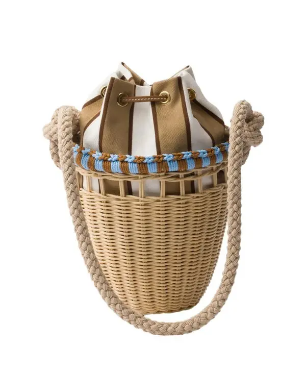Prada Wicker Bucket Bag - Tan/light Blue