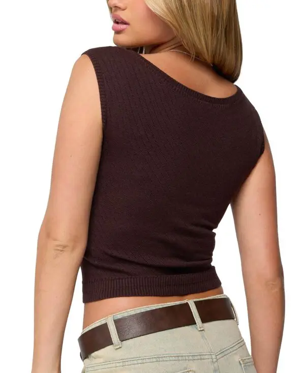 EDIKTED Jarah Pointelle Knit Boat Neck Top - Brown