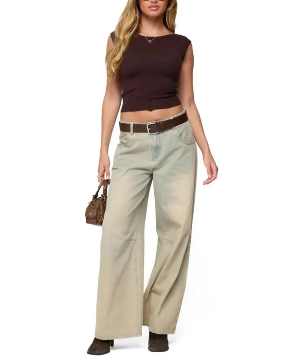 EDIKTED Jarah Pointelle Knit Boat Neck Top - Brown