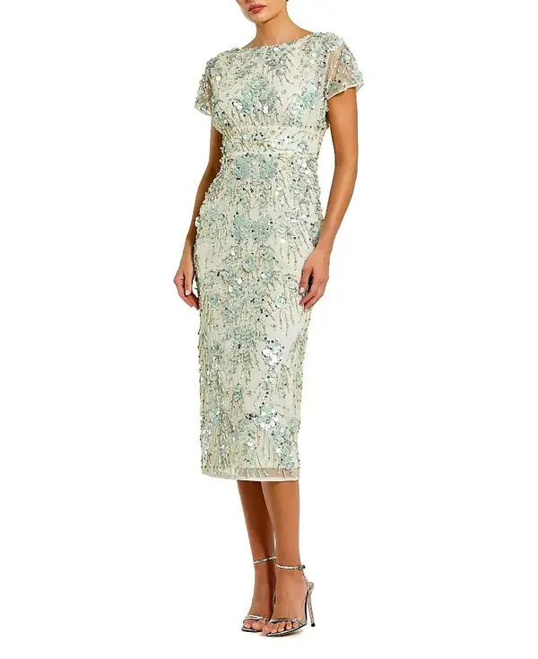 Mac Duggal Embellished Mesh Cap Sleeve Midi Dress