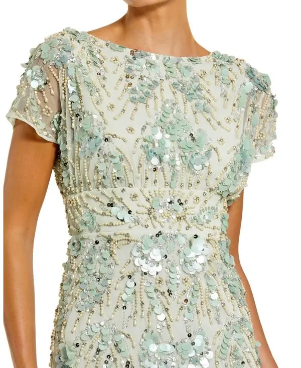 Mac Duggal Embellished Mesh Cap Sleeve Midi Dress