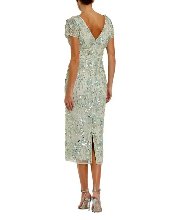 Mac Duggal Embellished Mesh Cap Sleeve Midi Dress
