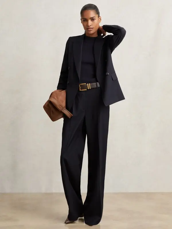 REISS Wool-blend Wide-leg Suit Trousers - Navy