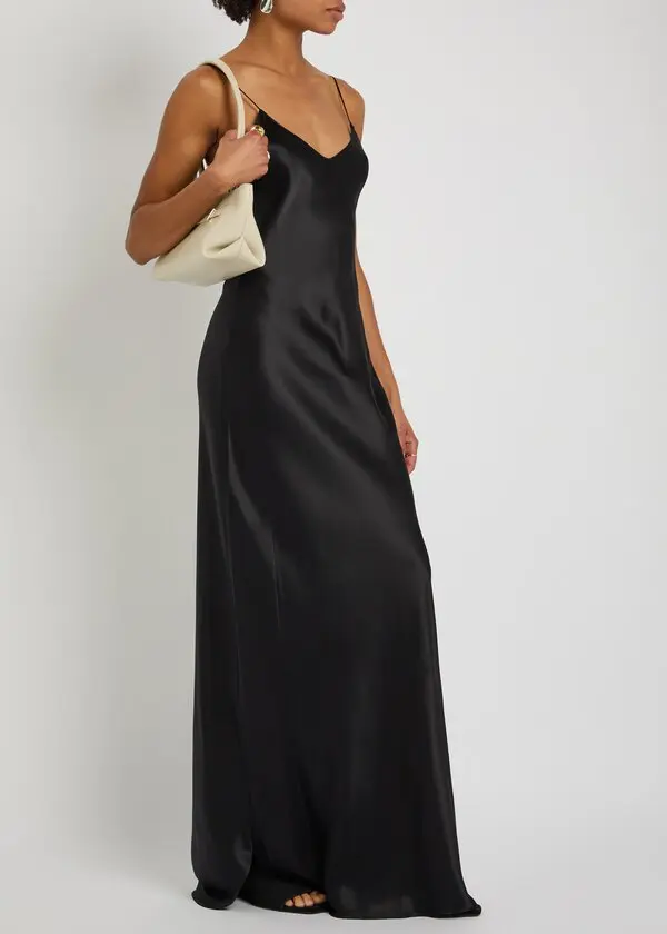 nili lotan slip dress Ardelle silk-charmeuse gown - black Shirt tale detail at hem. NILI LOTAN Cami Silk-satin Gown
