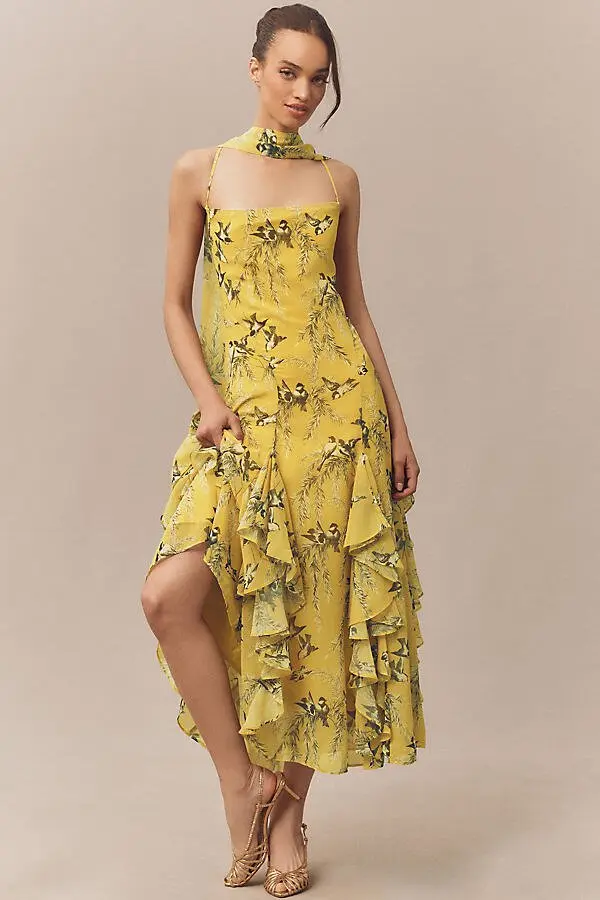 green emerald velvet dress Flowy Midi Dress - Yellow main image 0