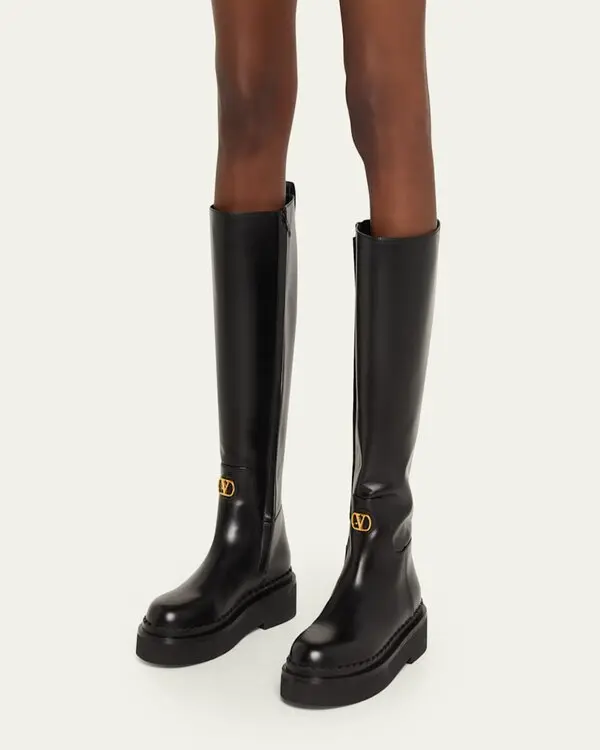 Valentino Garavani Vitello Brass Vlogo Leather Knee-high Boots