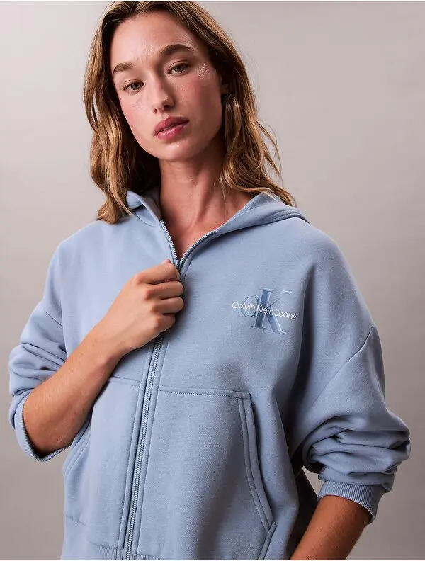Calvin Klein Monologo Fleece Relaxed Zip Hoodie - Faded Blue
