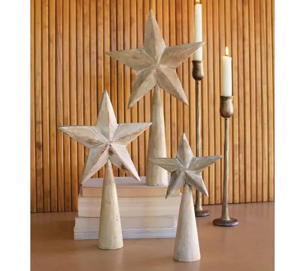 KALALOU Set Of Three Wooden Table Top Stars - One-color
