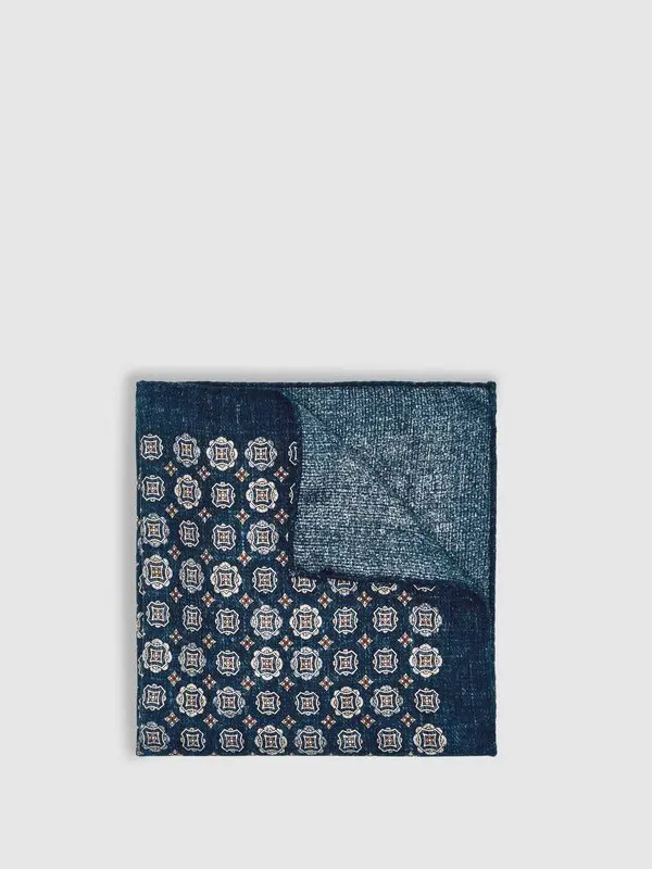 REISS Sabino Silk Medallion Print Pocket Square - Indigo Melange