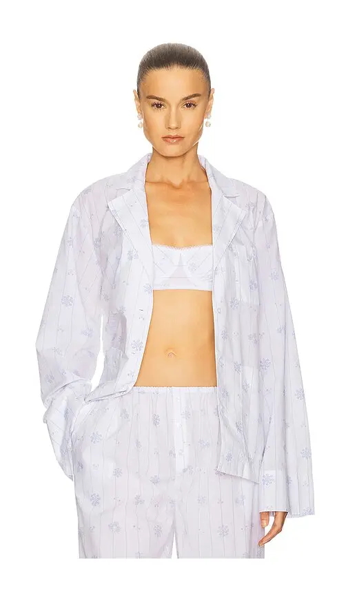 HELSA Pajama Top In Fleur Print Stripe In White - Blue Fleur Stripe
