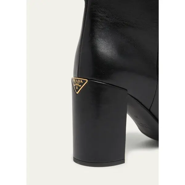Prada Leather Block-heel Knee Boots With Triangle Logo