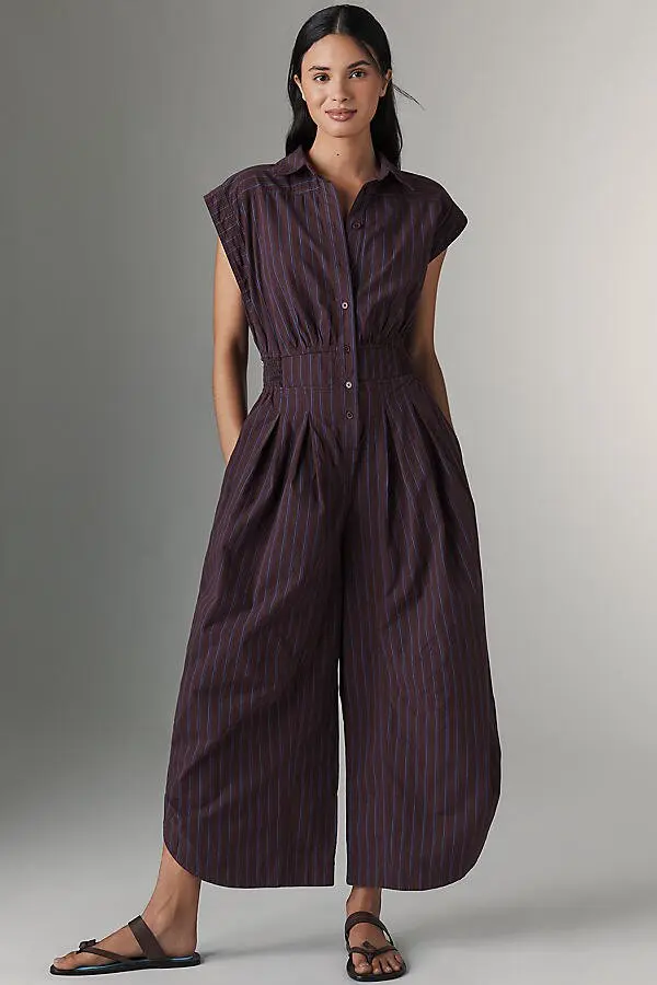 Anthropologie Striped Shirting Parachute Jumpsuit - Brown Pattern