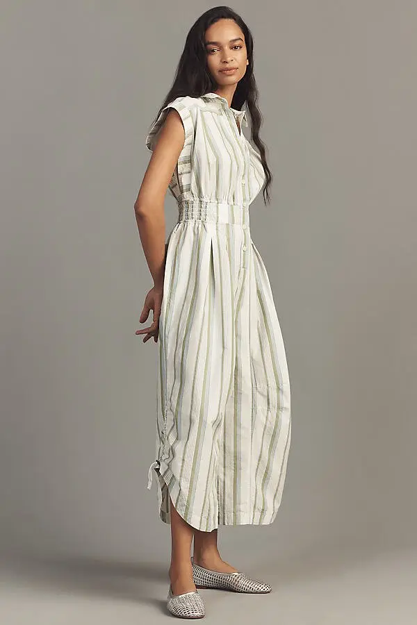 Anthropologie Striped Shirting Parachute Jumpsuit - Ivory / Green Stripe