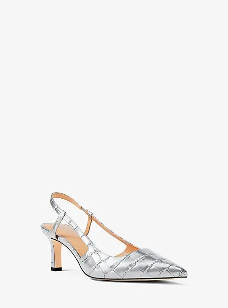 Michael Kors Metallic Crocodile Embossed Leather Slingback Pump - Silver