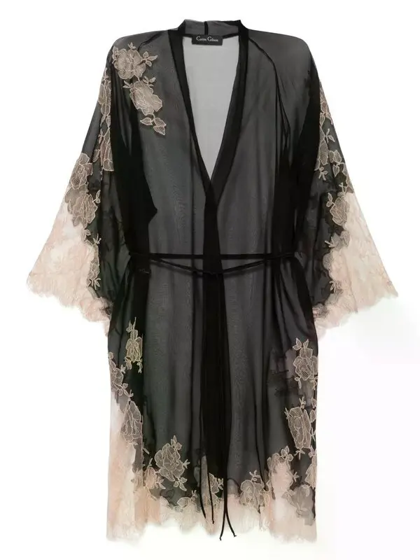 Carine Gilson Calais Caudry-lace Silk Robe - Black