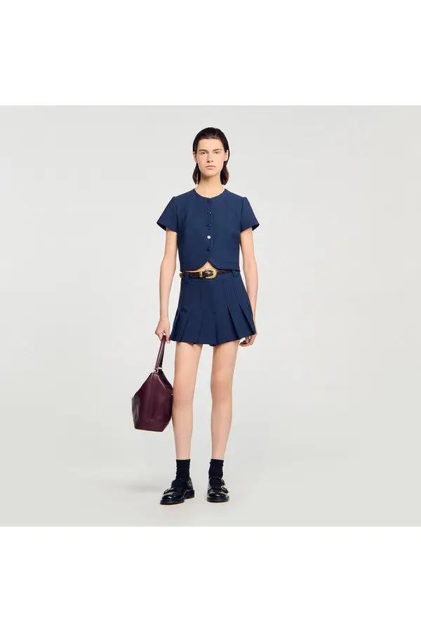 Sandro Rounded Hem Buttoned Crop Top - Blue / Navy