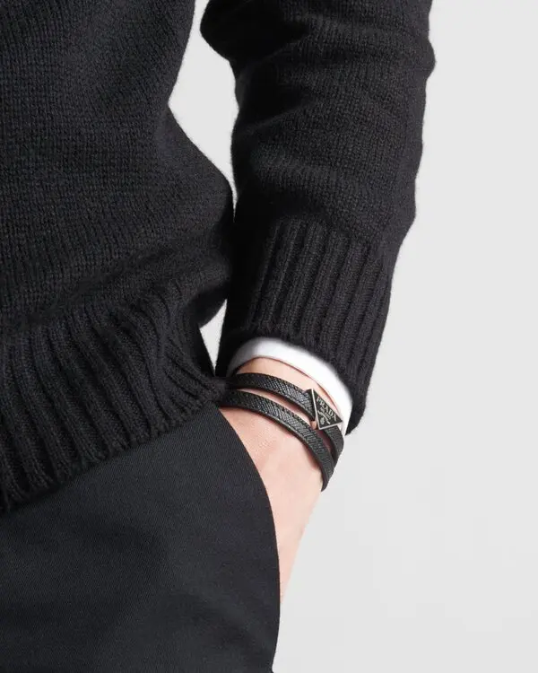 Prada Saffiano Leather Bracelet With Enamel Triangle Logo - Black