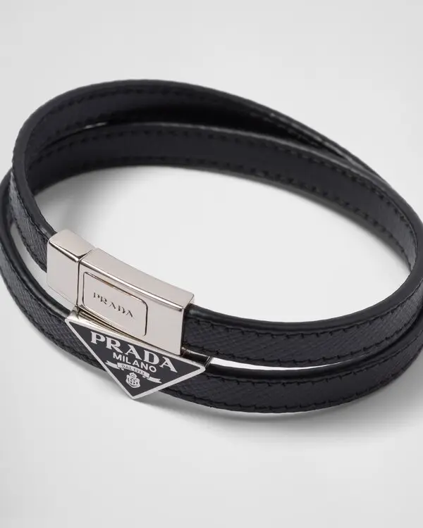 Prada Saffiano Leather Bracelet With Enamel Triangle Logo - Black