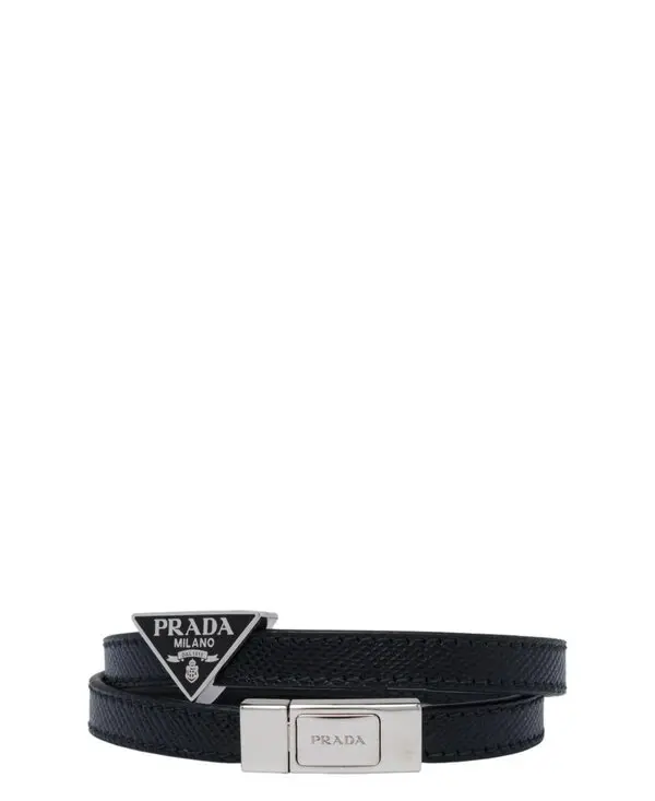 Prada Saffiano Leather Bracelet With Enamel Triangle Logo - Black