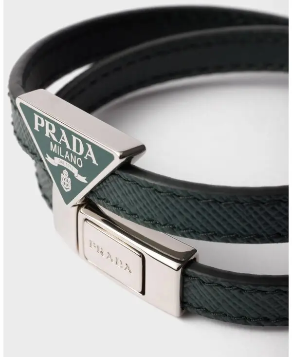Prada Saffiano Leather Bracelet With Enamel Triangle Logo - Green