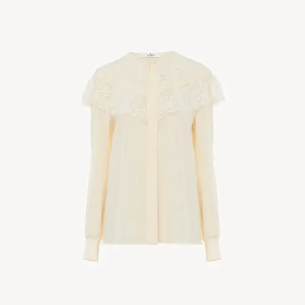 Chloé Gathered Crêpe De Chine Blouse With Lace Trim - Pristine White