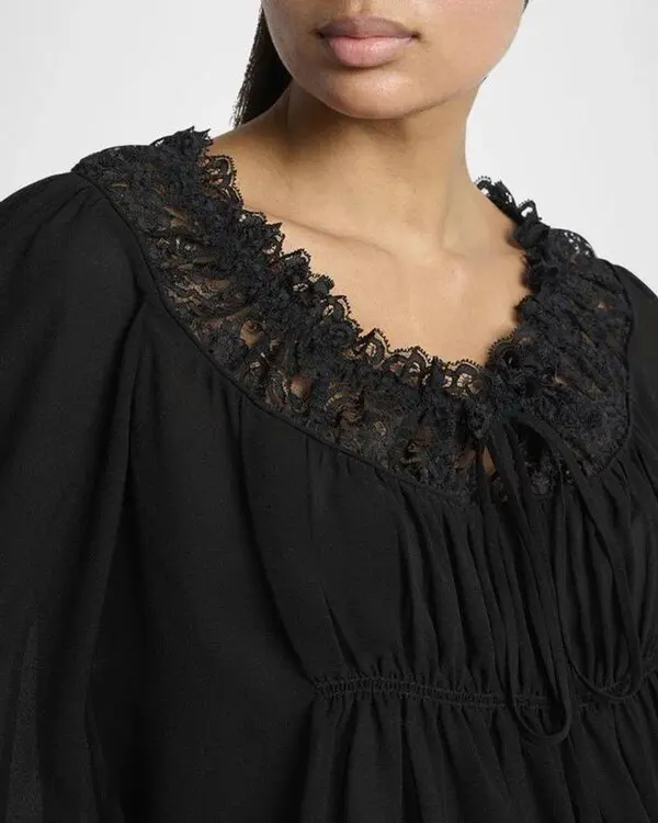 Chloé Ruched Lace Silk Peasant Blouse - Black