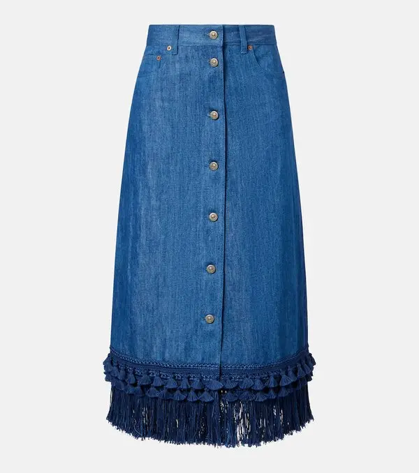 Valentino Garavani Fringed Denim Midi Skirt
