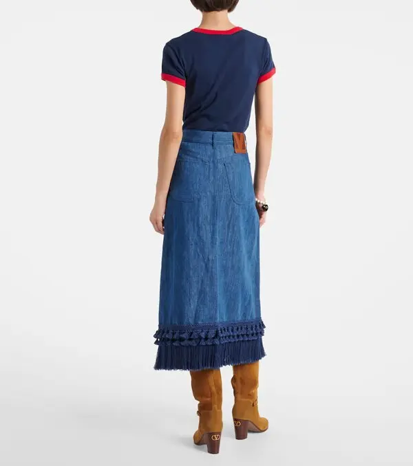 Valentino Garavani Fringed Denim Midi Skirt