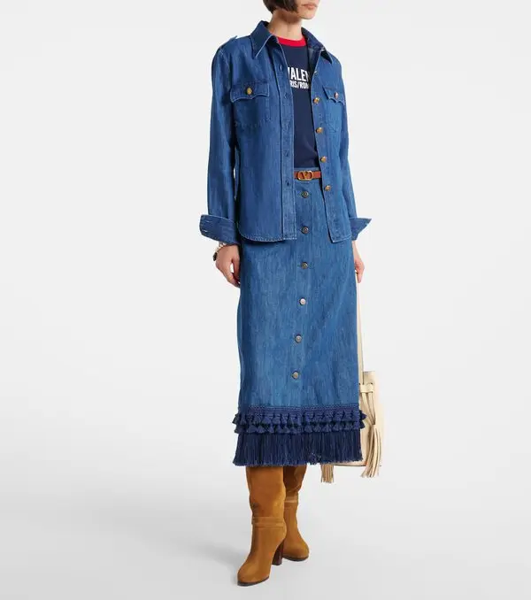 Valentino Garavani Fringed Denim Midi Skirt