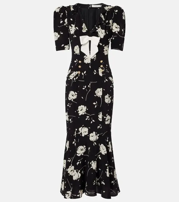 Alessandra Rich Floral Printed Silk Midi Dress - Black