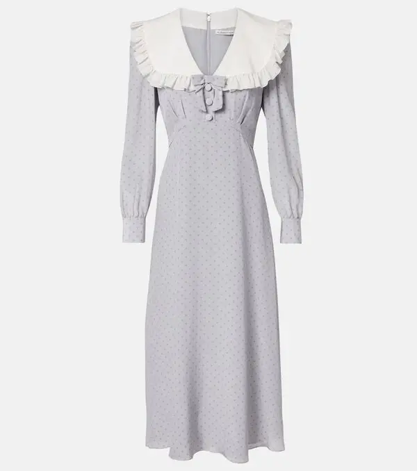 Alessandra Rich Polka-dot Ruffled Silk Midi Dress - Grey