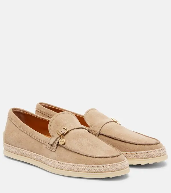 TOD'S Raffia-trimmed Suede Loafers - Beige