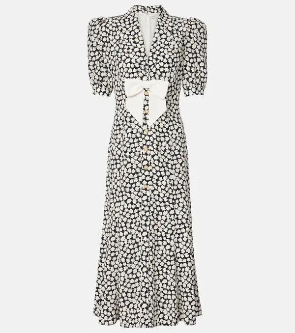 Alessandra Rich Floral Printed Silk Midi Dress - Black