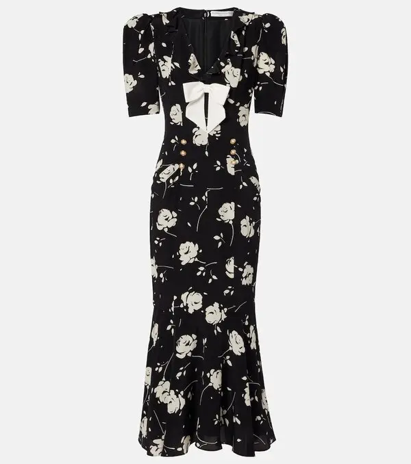 Alessandra Rich Floral Printed Silk Midi Dress - Black