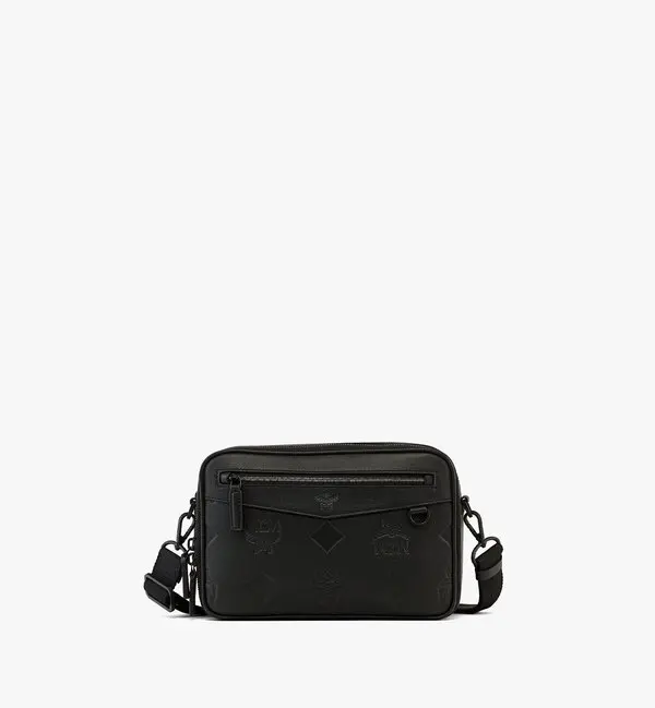 Mcm Diamond Camera Bag In Maxi Monogram Leather - Black