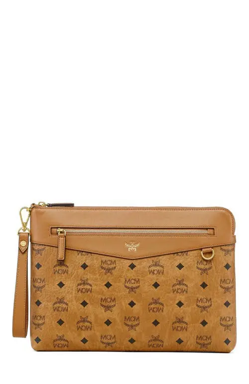 Mcm Diamond Wristlet Pouch In Visetos - Brown
