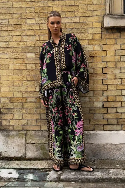 RAISHMA Siara Floral Print Wide-leg Trousers - Black