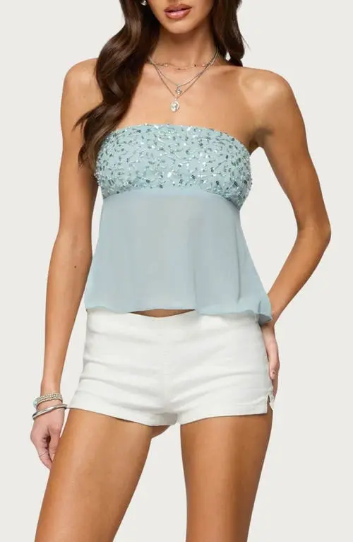 EDIKTED Beaded Strapless Chiffon Top
