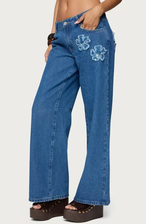 EDIKTED Floral Patch Low Rise Wide Leg Jeans