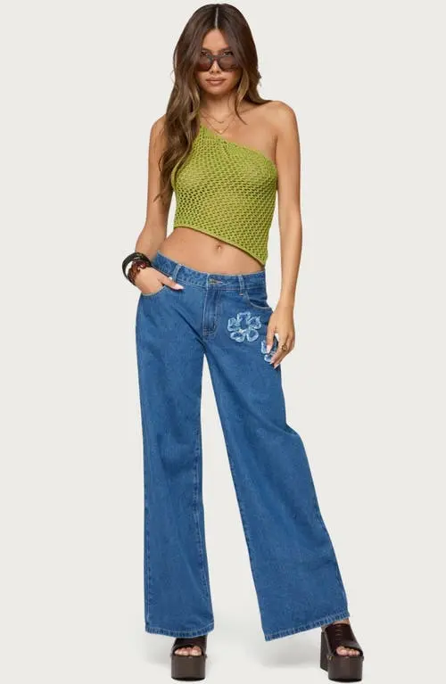 EDIKTED Floral Patch Low Rise Wide Leg Jeans