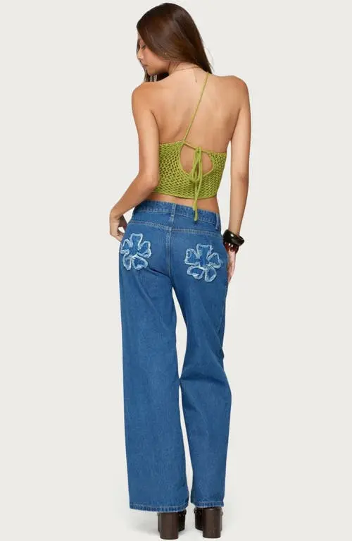 EDIKTED Floral Patch Low Rise Wide Leg Jeans