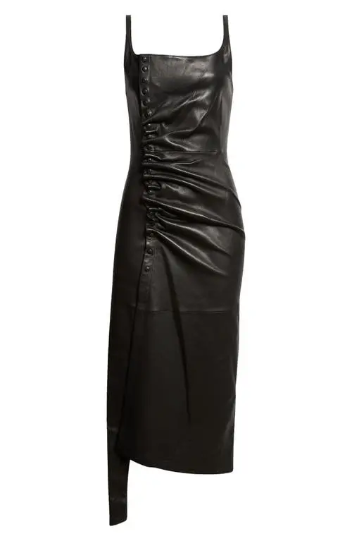 Rabanne Draped Lambskin Leather Midi Dress - Black