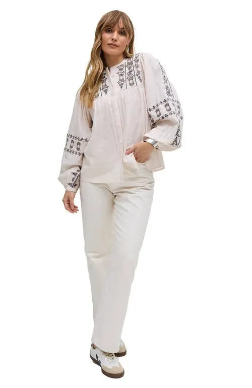 RAFFYA Embroidered Balloon Sleeve Shirt - Cream